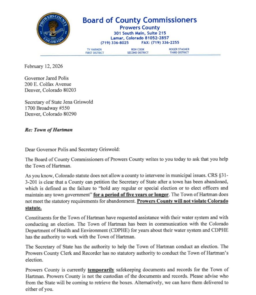 Prowers County Board of Commissioners pens letter to Governor ...
